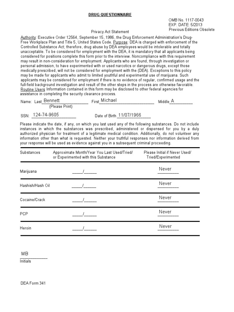 Drug Questionnaire | Drug Enforcement Administration | Psychoactive Drugs