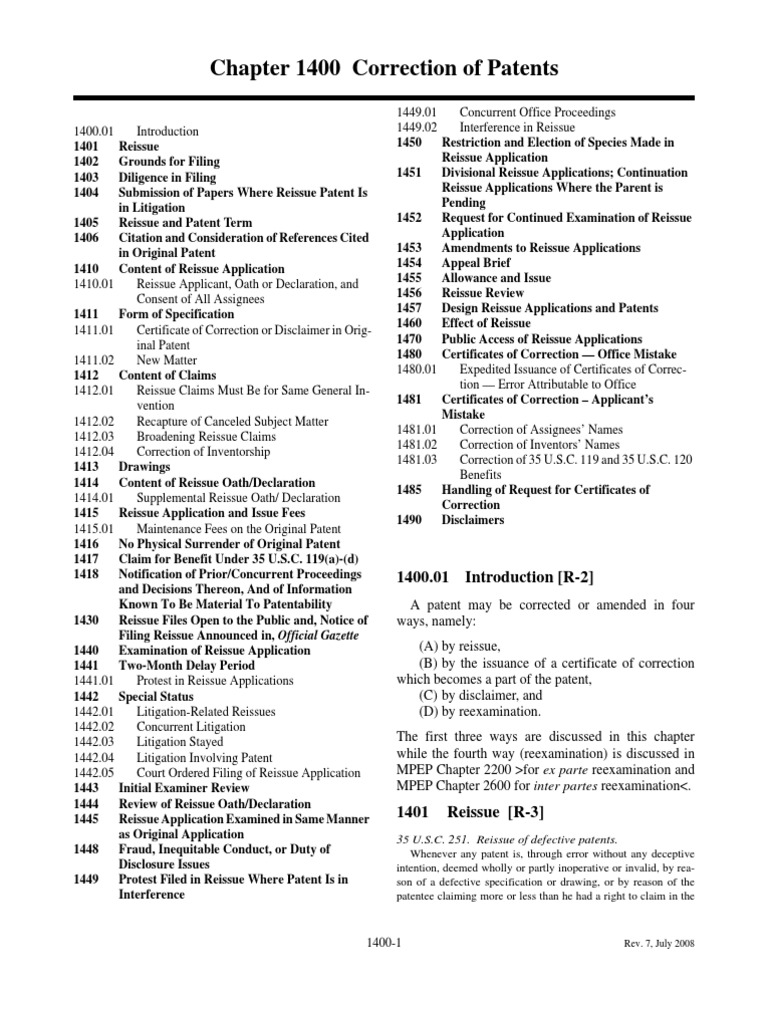 MPEP E8r7 - 1400 - Correction of Patents | PDF | Patent Application | Glossary Of Patent Law Terms
