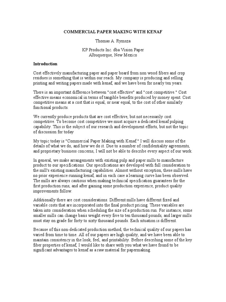 Commercial Paper Making With Kenaf | PDF | Paper | Pulp (Paper)