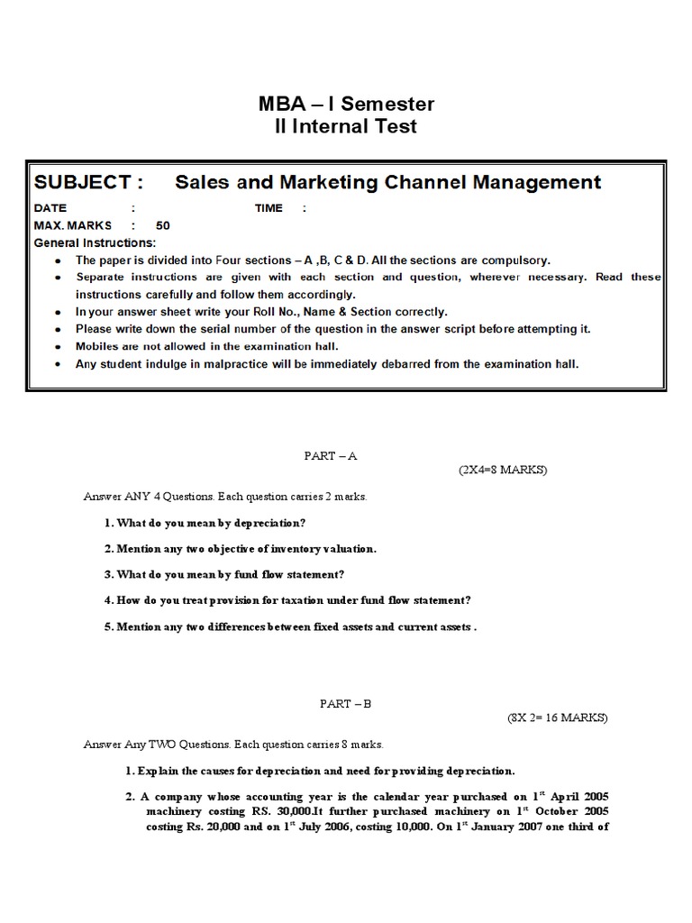 MBA - I Semester II Internal Test: Part - A (2X4 8 MARKS) Answer ANY 4 ...