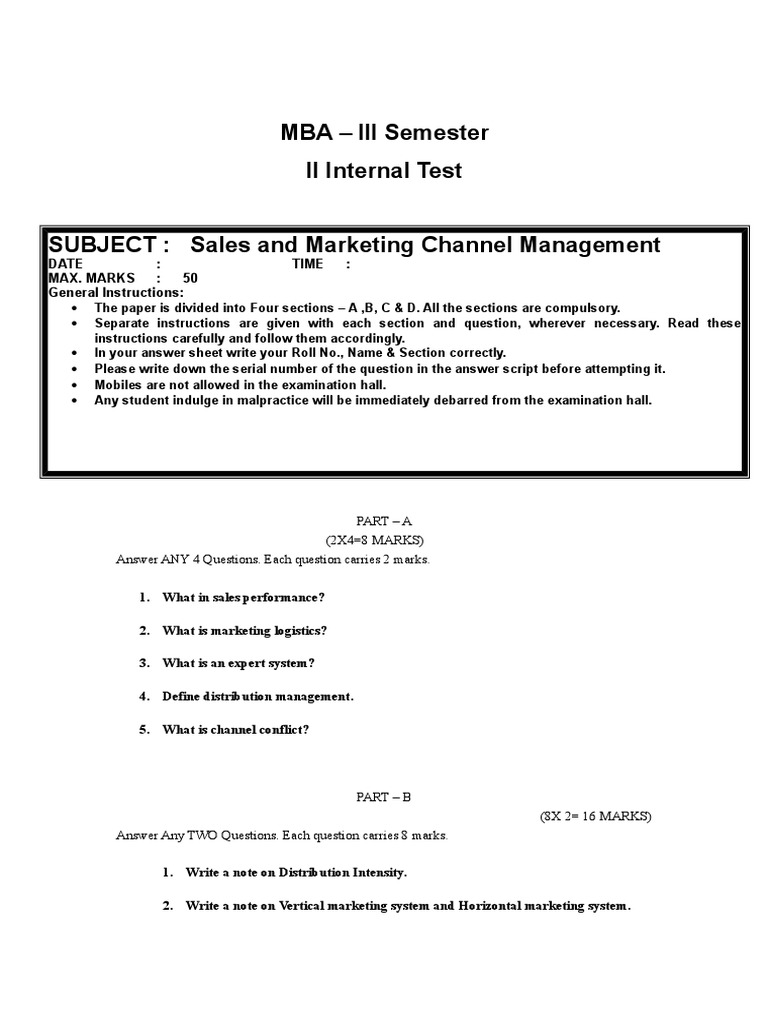 SDM College MBA Sales & Marketing Test | PDF | Market (Economics ...