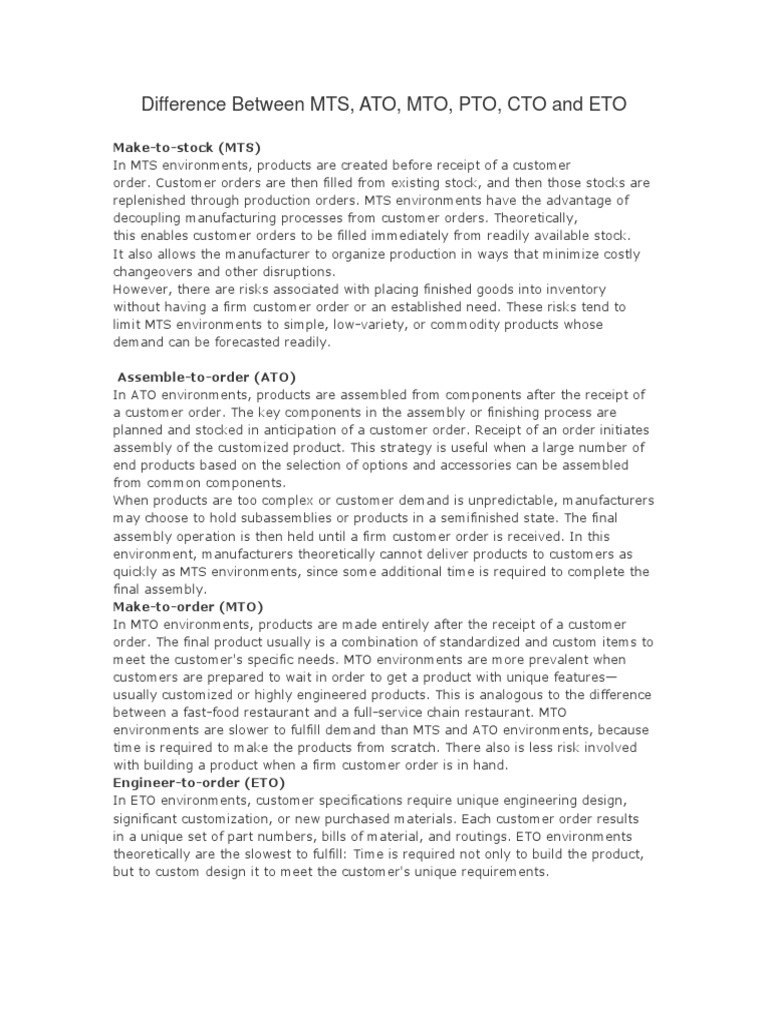 Difference Between MTS, Ato, Mto, Pto, Cto and Eto | PDF | Inventory ...
