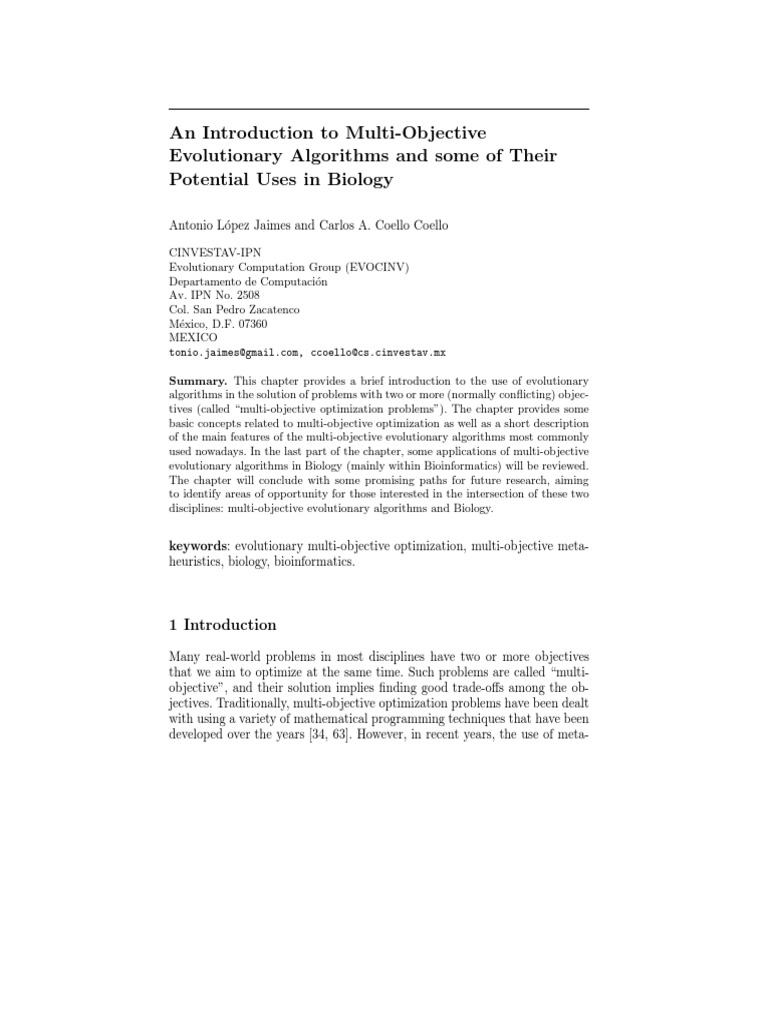 An Introduction To Multi-Objective Evolutionary Algorithms and Some of Their Potential Uses in ...