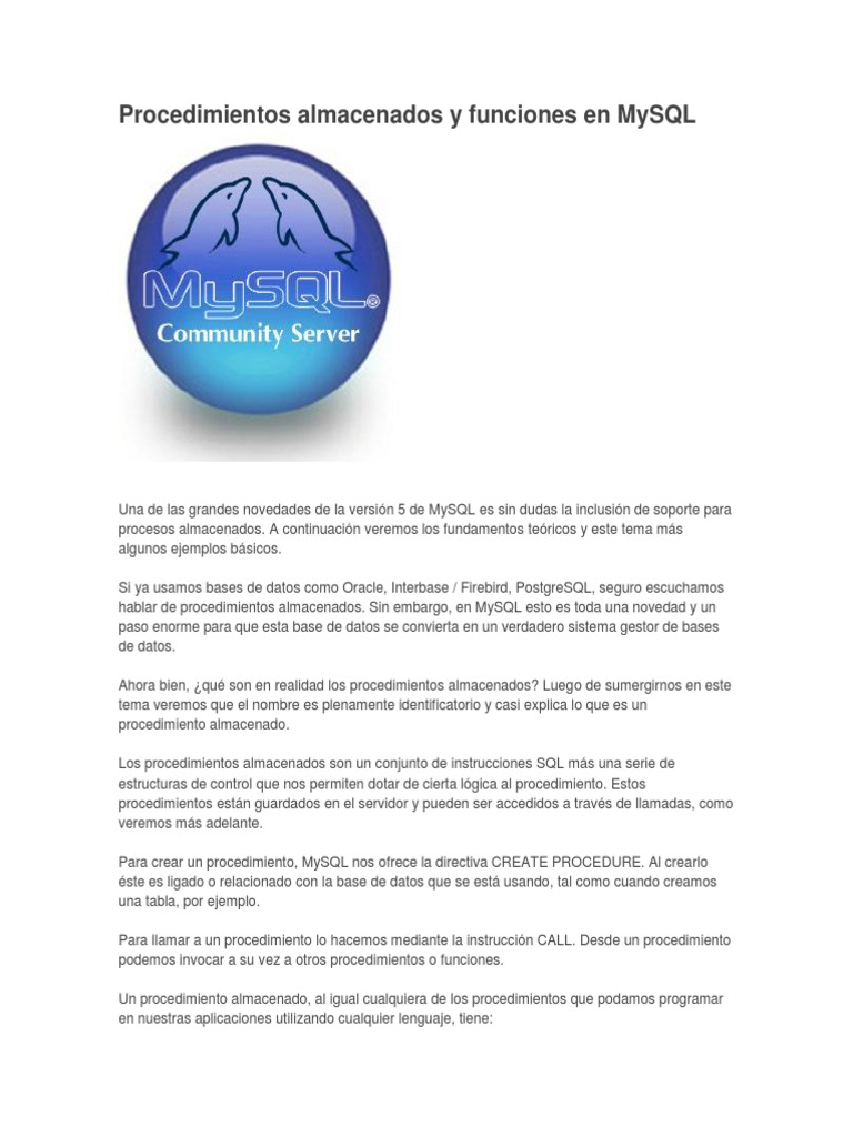 Procedimientos Almacenados y Funciones en MySQL | PDF | SQL | Mi sql