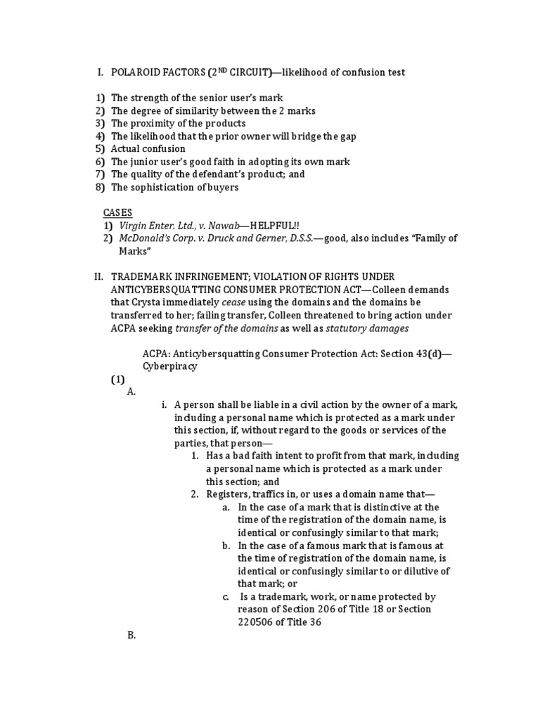 Final Trademark Law Outline | PDF | Trademark Dilution | Trade Dress
