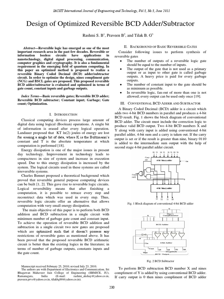 Design Of Optimized Reversible Bcd Addersubtractor Pdf Binary Coded Decimal Digital 
