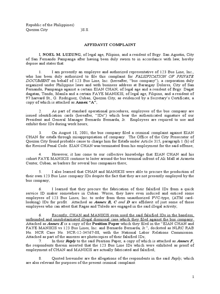 Complaint Affidavit Falsification NOEL