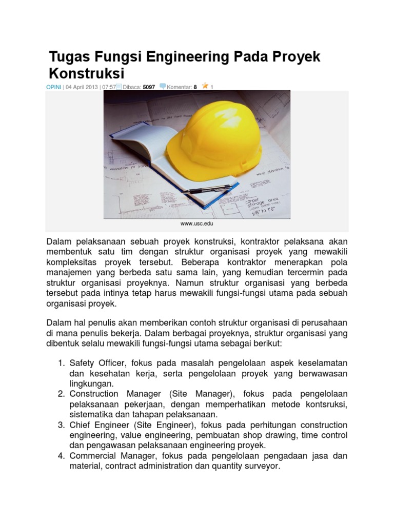 Tugas Fungsi Engineering Pada Proyek Konstruksi | PDF