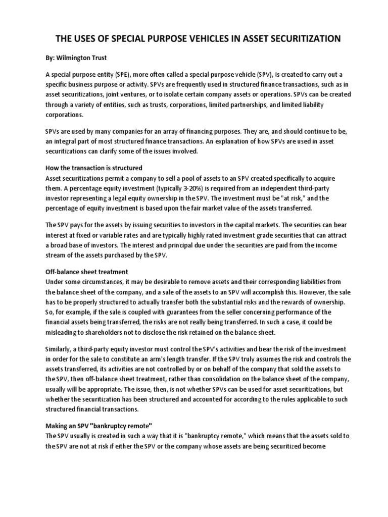 The Uses of Special Purpose Vehicles in Asset Securitization | PDF ...