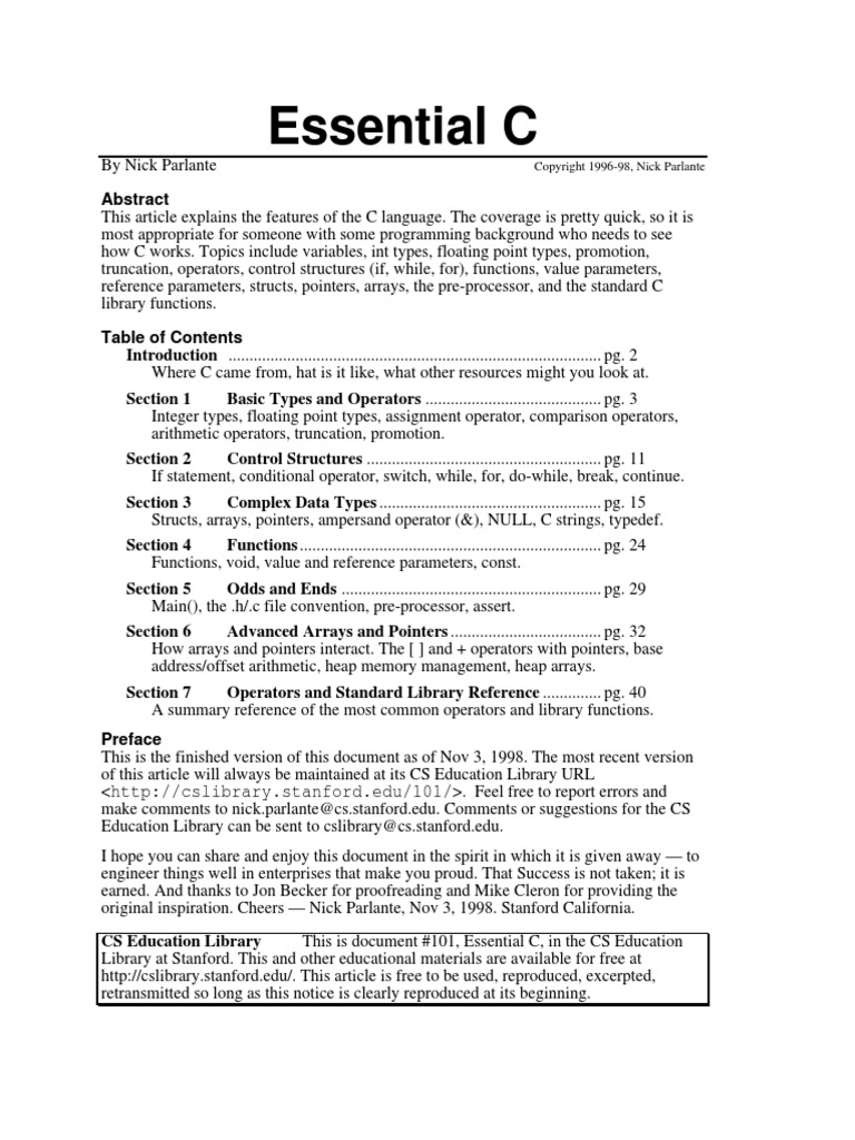 Essential C - Nick Parlante | PDF | Pointer (Computer Programming ...