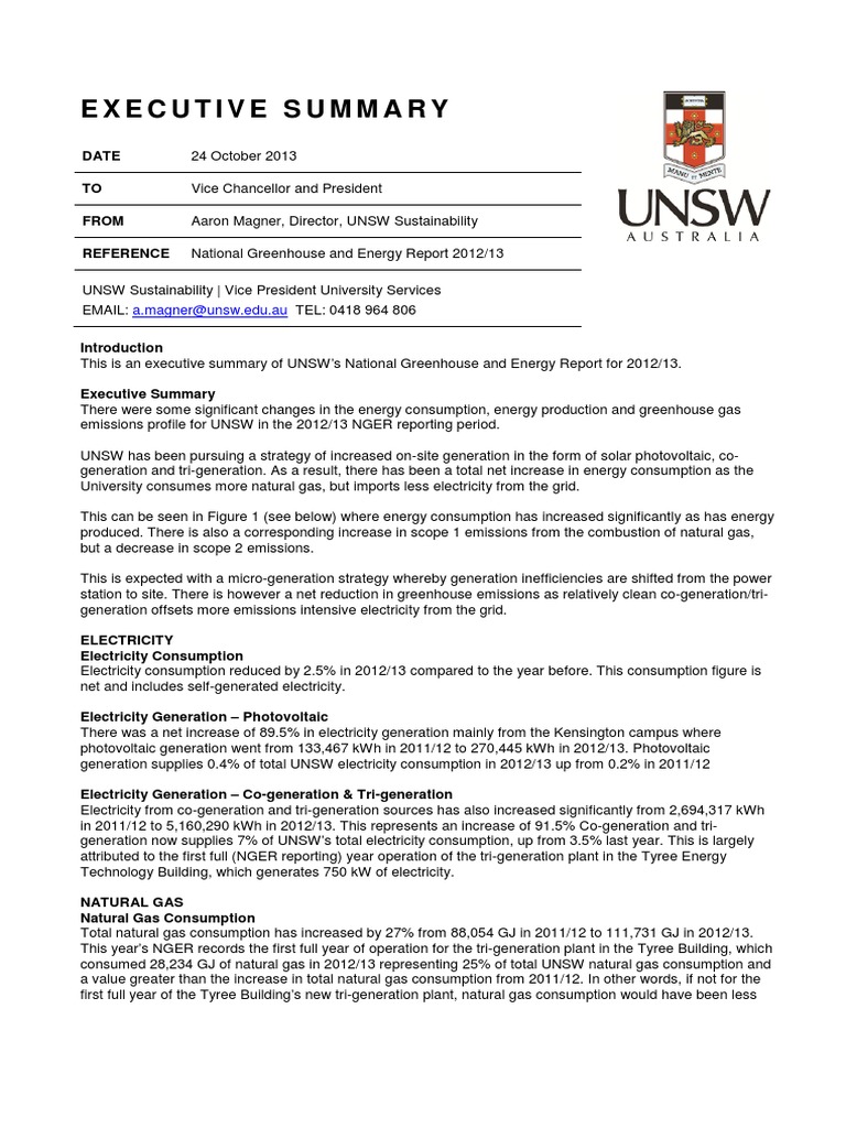 UNSW Memo - NGER Executive Summary | Cogeneration | Electricity Generation