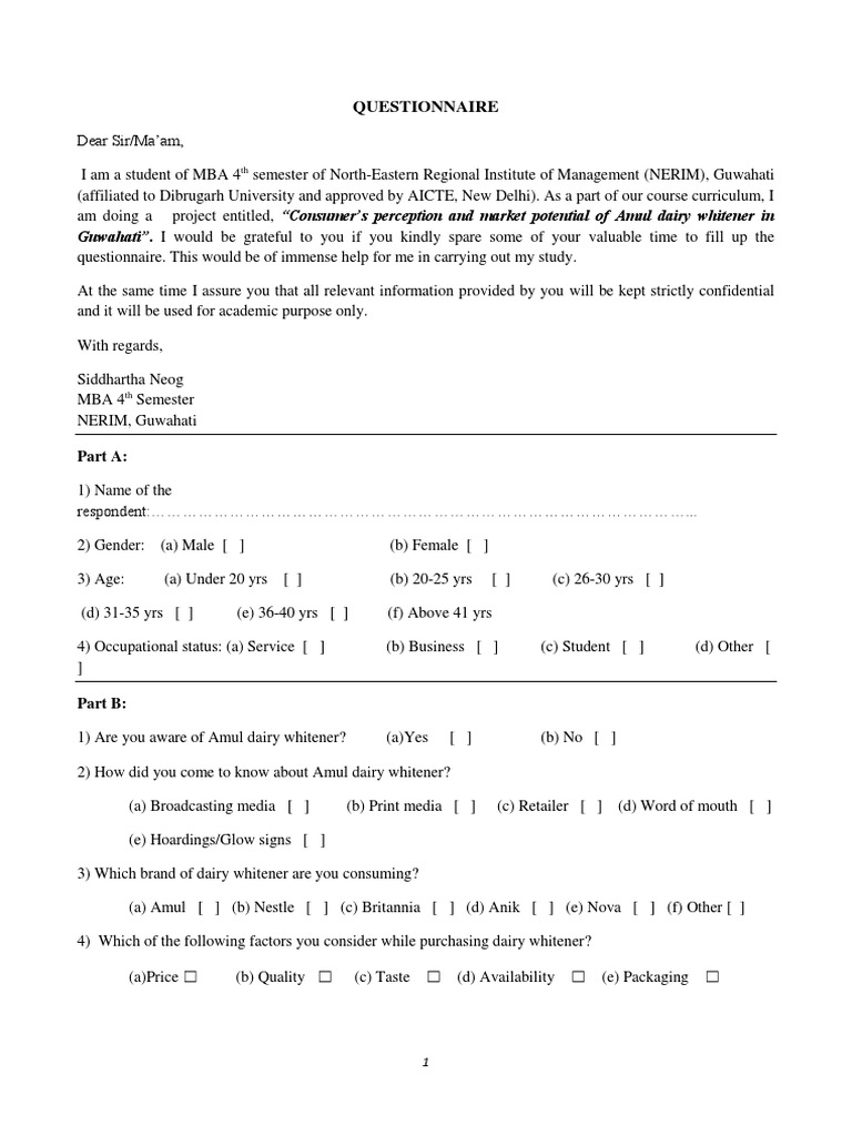 Amul Dairy Whitener Perception Survey | PDF | Brand | Market (Economics)