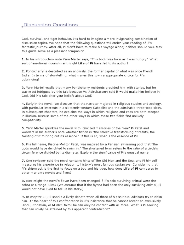 Life of Pi Discussion Questions | PDF | Religion And Belief