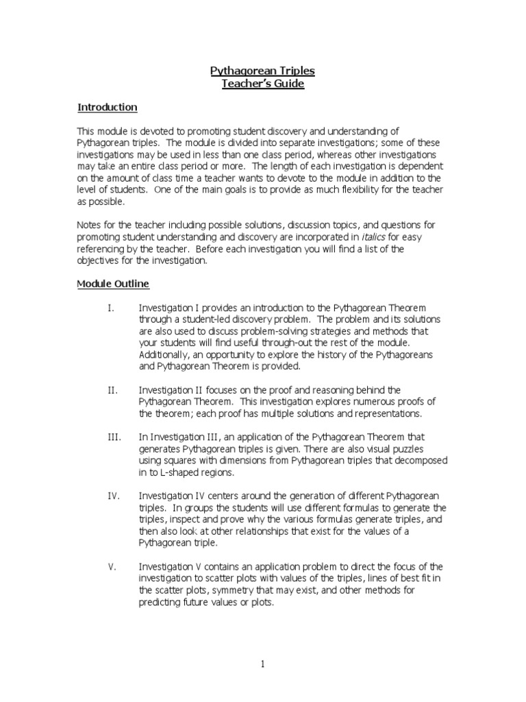 Pythagorean Triples Teacher S Guide Pdf Triangle Mathematical Proof