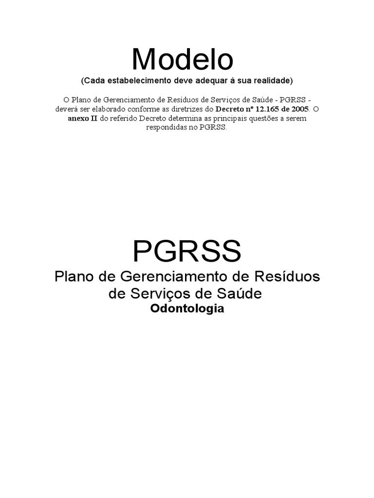 Modelo de PGRSS para Consultório Odontológico | PDF | Odontologia ...