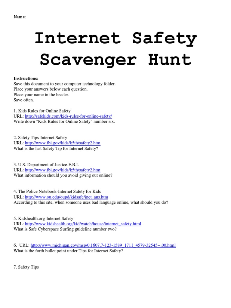 Internet Safety Scavenger Hunt Guide | PDF | Rubric (Academic) | Internet