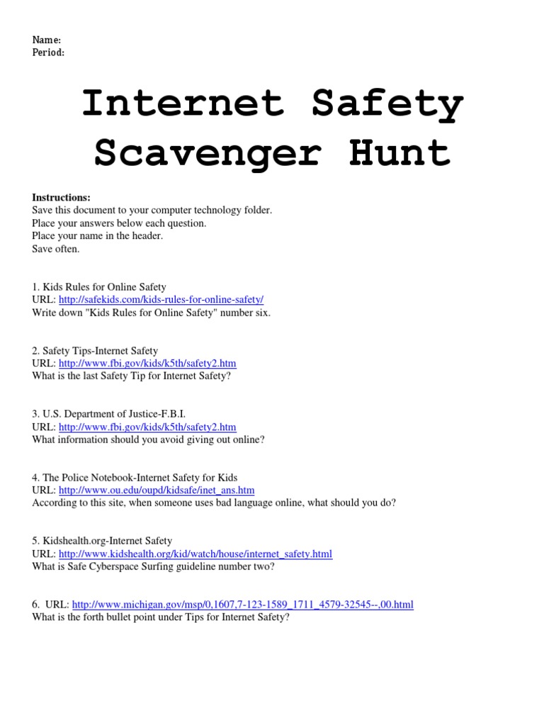 7th Grade Internet Safety Scavenger Hunt | PDF | Rubric (Academic ...