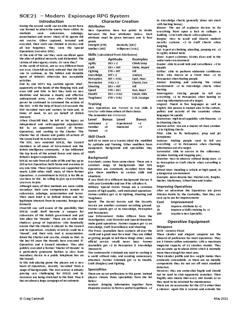 SOE21 - Dead Simple Modern Espionage RPG Rules | PDF | Special ...