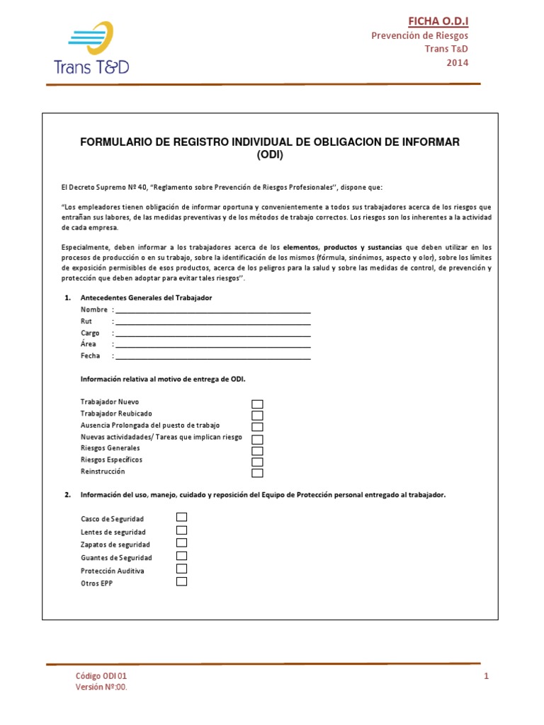 Ficha ODI: Prevención de Riesgos Laborales | PDF | La seguridad ...