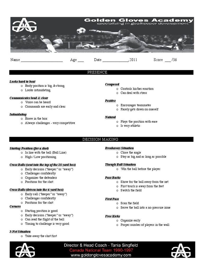 Soccer Goalkeeper Evaluation Form | PDF