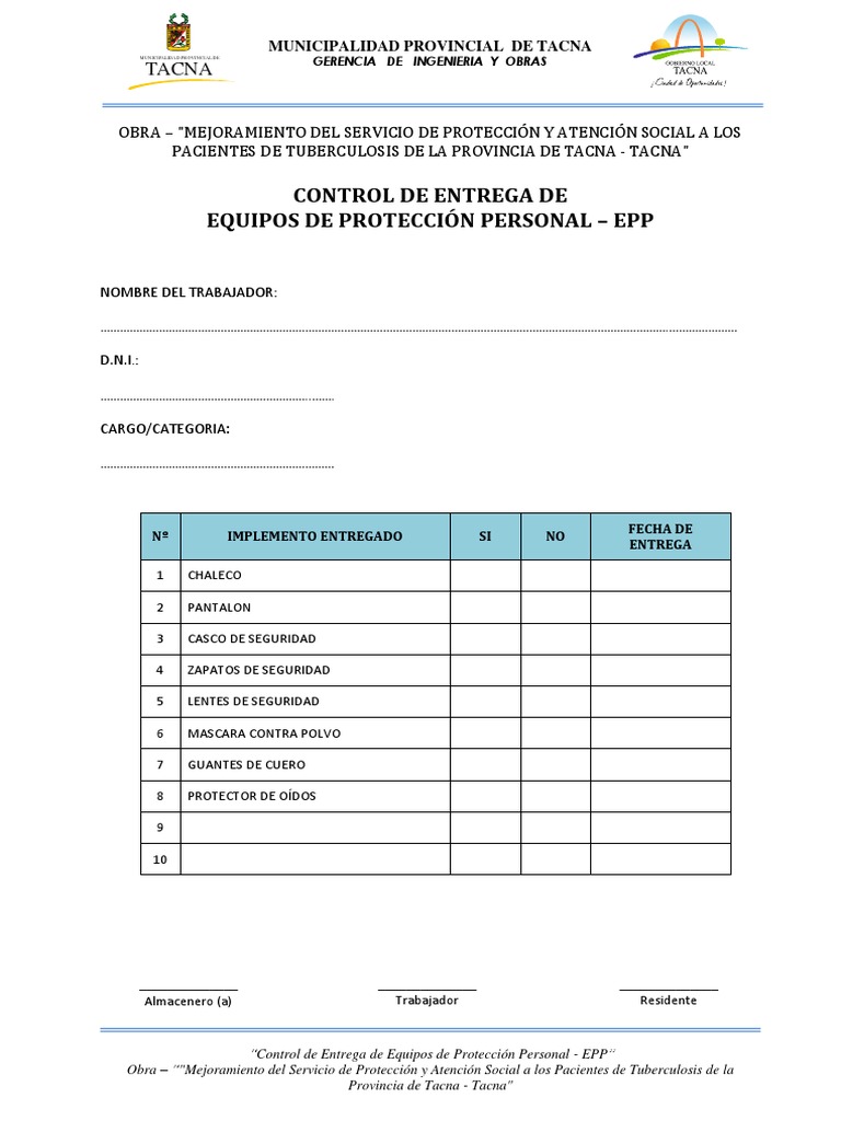Formato de Control de Entrega de Equipos de Proteccion Personal - EPP