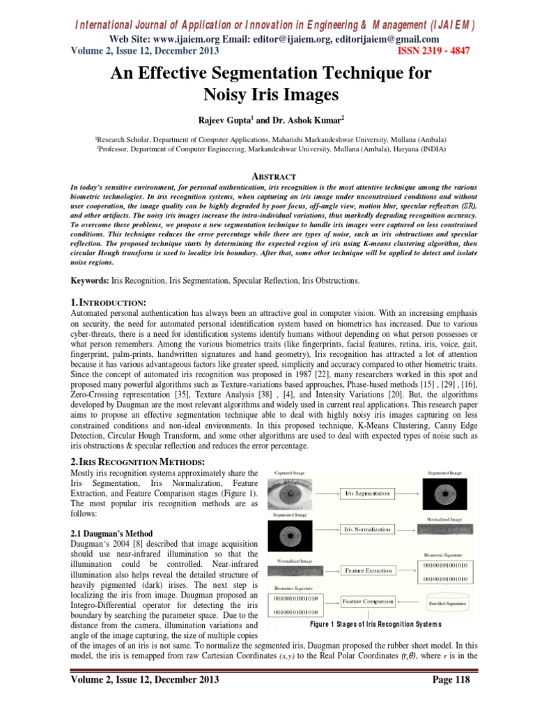 An Effective Segmentation Technique For Noisy Iris Images | PDF | Image Segmentation | Cluster ...