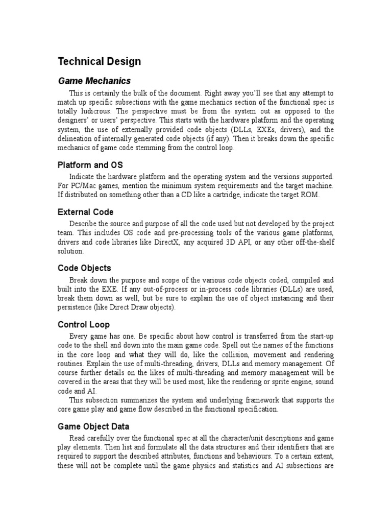 Technical Game Design Document Pdf Subroutine Object Computer Science