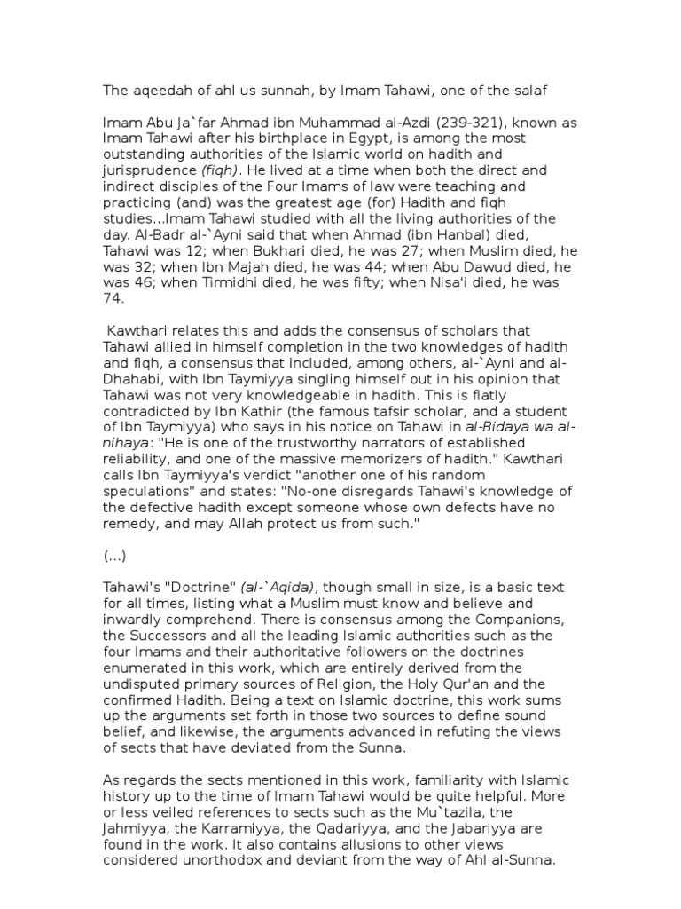 Understanding Tahawi's Aqeedah | PDF | Hadith | God In Islam
