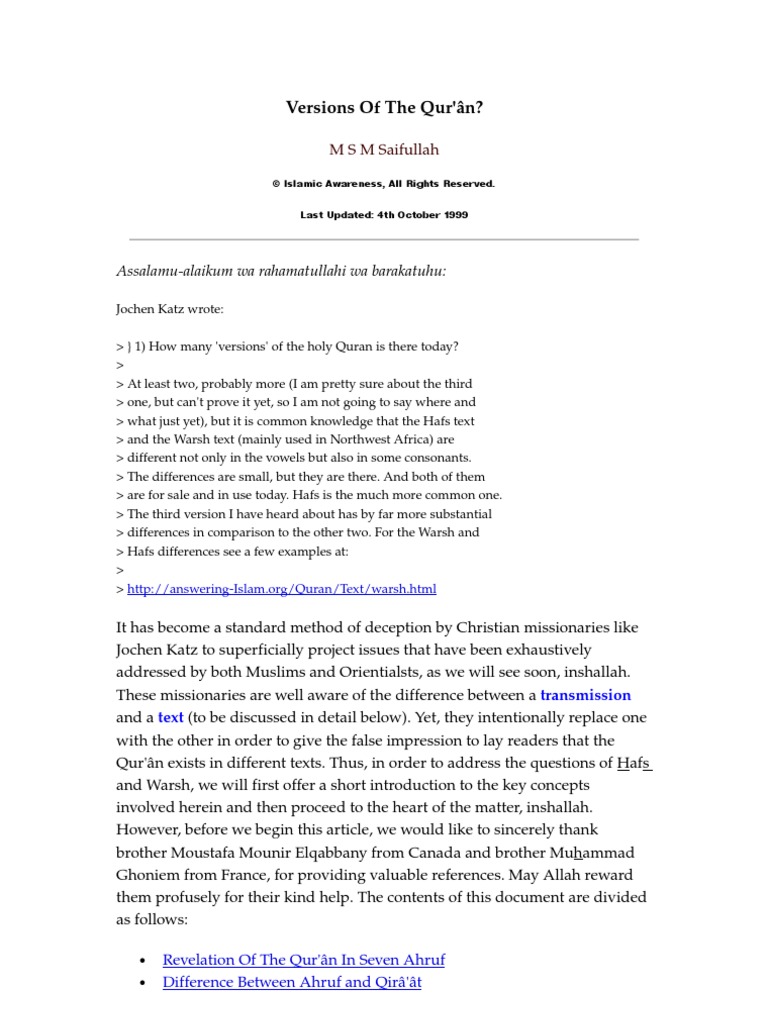 Versions of The Quran | PDF | Monotheistic Religions | Muhammad