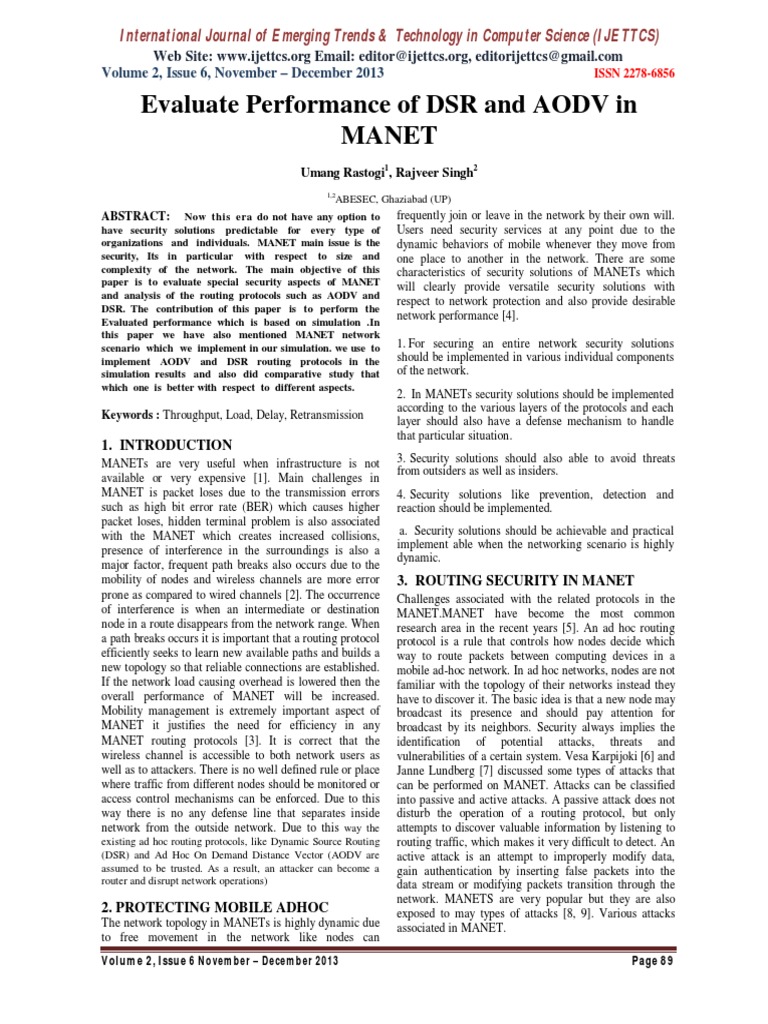 Evaluate Performance Of Dsr And Aodv In Manet Pdf Routing