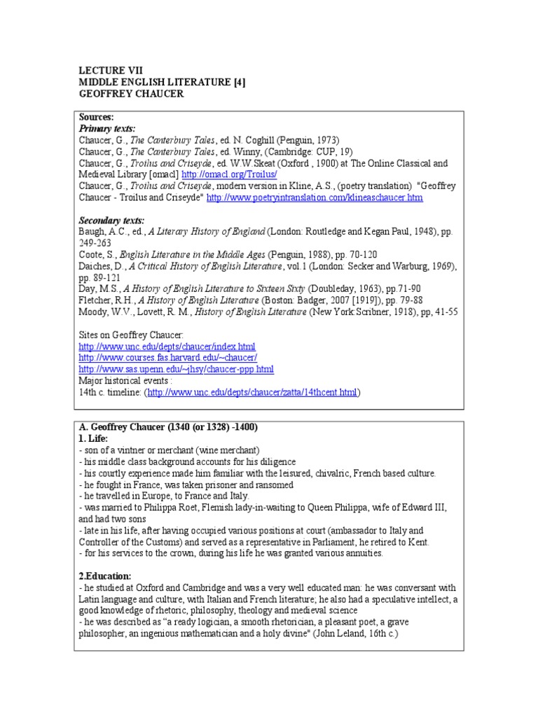 Primary Texts:: Middle English Literature (4) Geoffrey Chaucer Sources ...