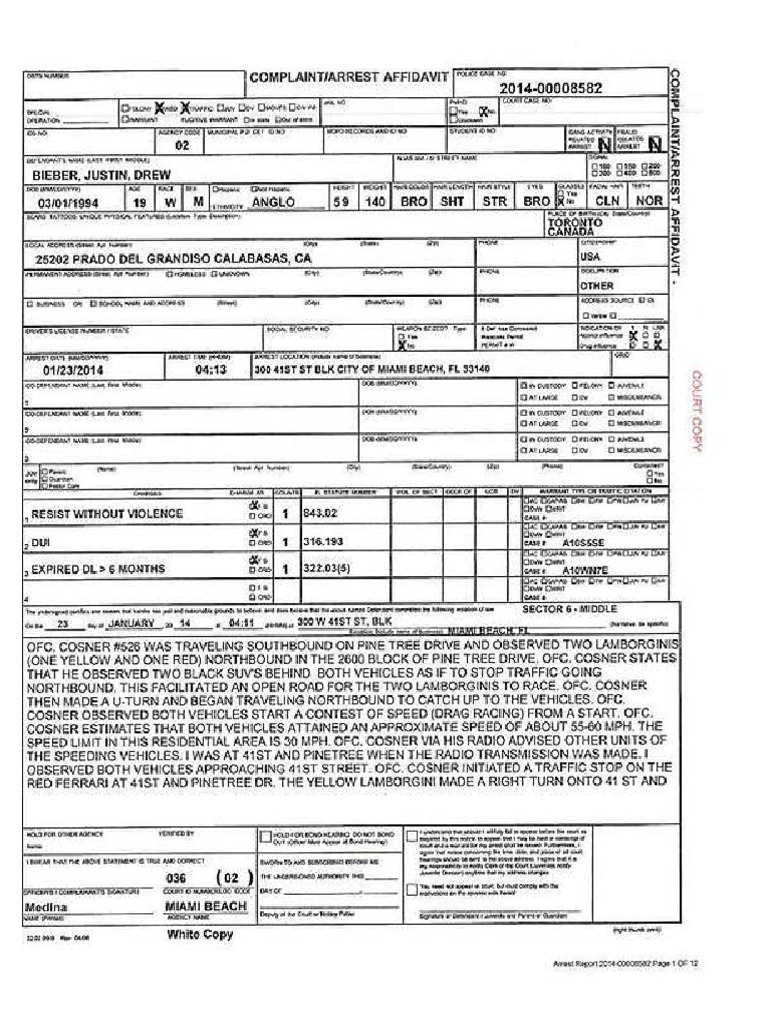 Justin Bieber Arrest Details Released | PDF