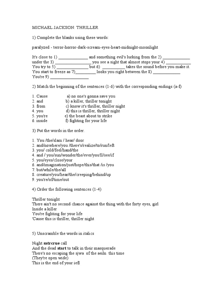 Michael Jackson's Thriller Activities | PDF