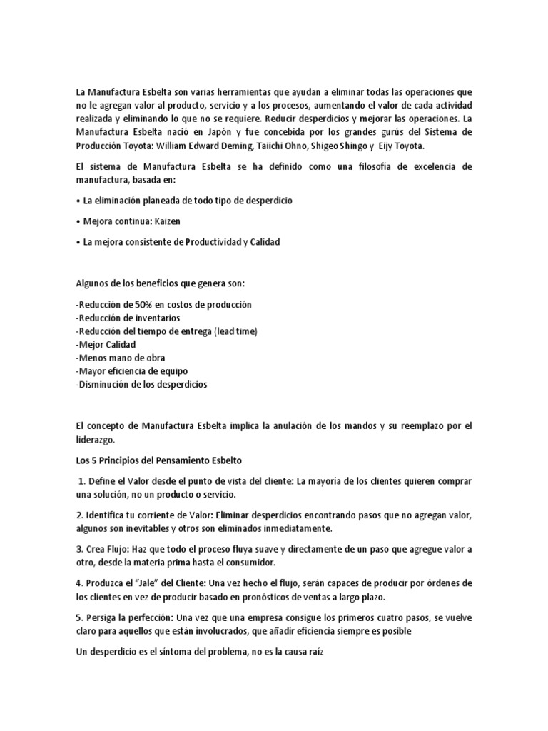 Manufactura Esbelta | Descargar gratis PDF | Lean Manufacturing | Producción y fabricación