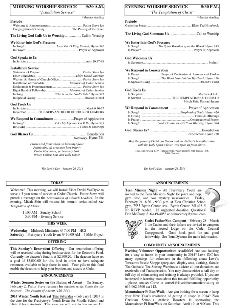 Morning Worship Service 9:30 A.M. Evening Worship Service 5:30 P.M ...