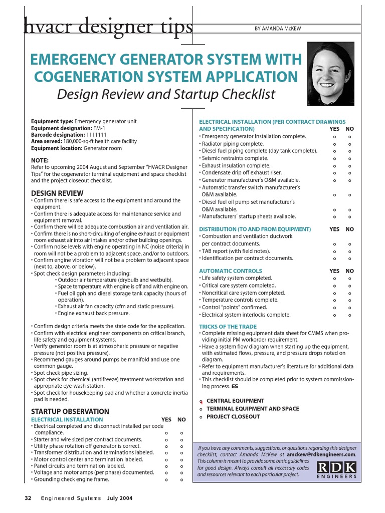 Emergency Generator System Design Review and Startup Checklist for ...