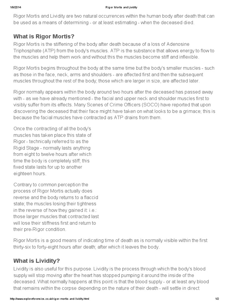 Rigor Mortis and Lividity in Estimating Time of Death | PDF | Nature
