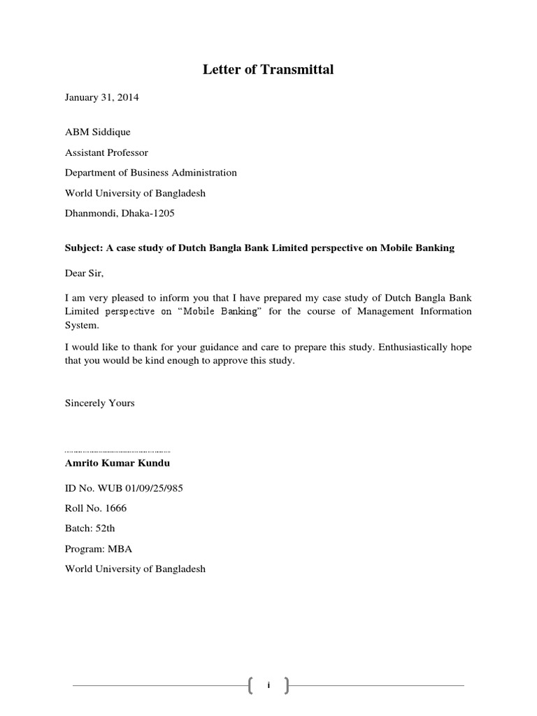 Letter of Transmittal: Subject: A Case Study of Dutch Bangla Bank ...