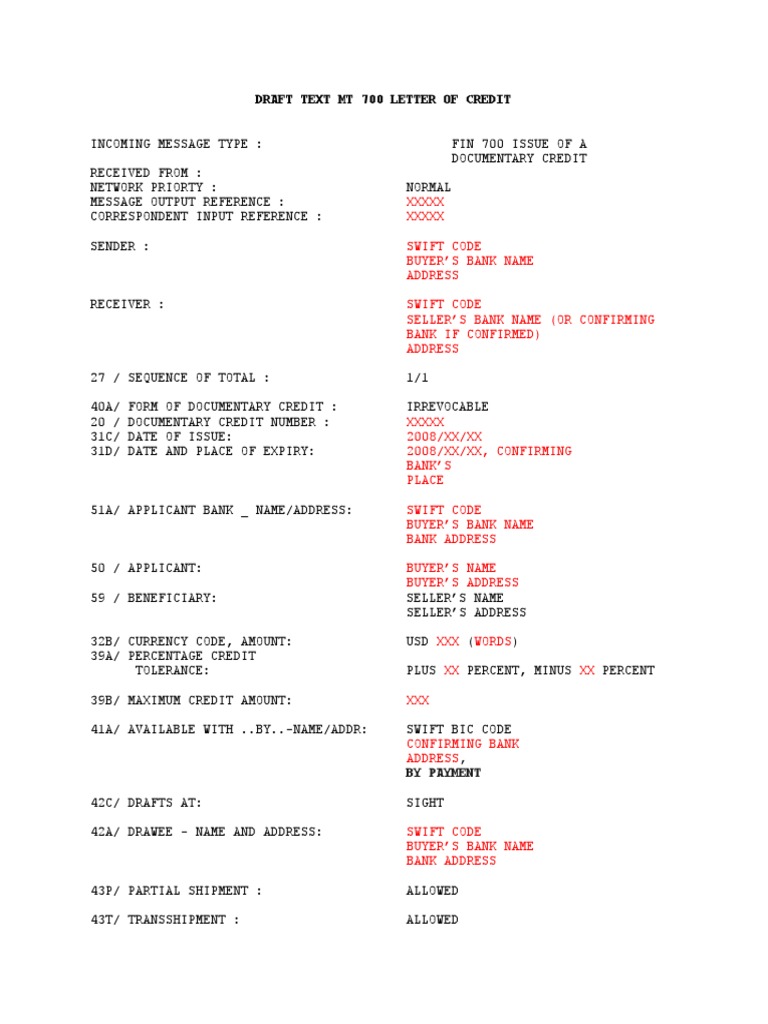 Draft+Text+MT+700+LC (1) | Letter Of Credit | Invoice