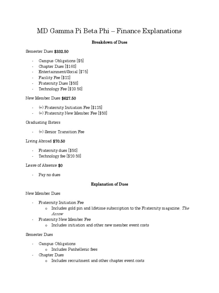 Pi Phi Breakdown of Dues | PDF