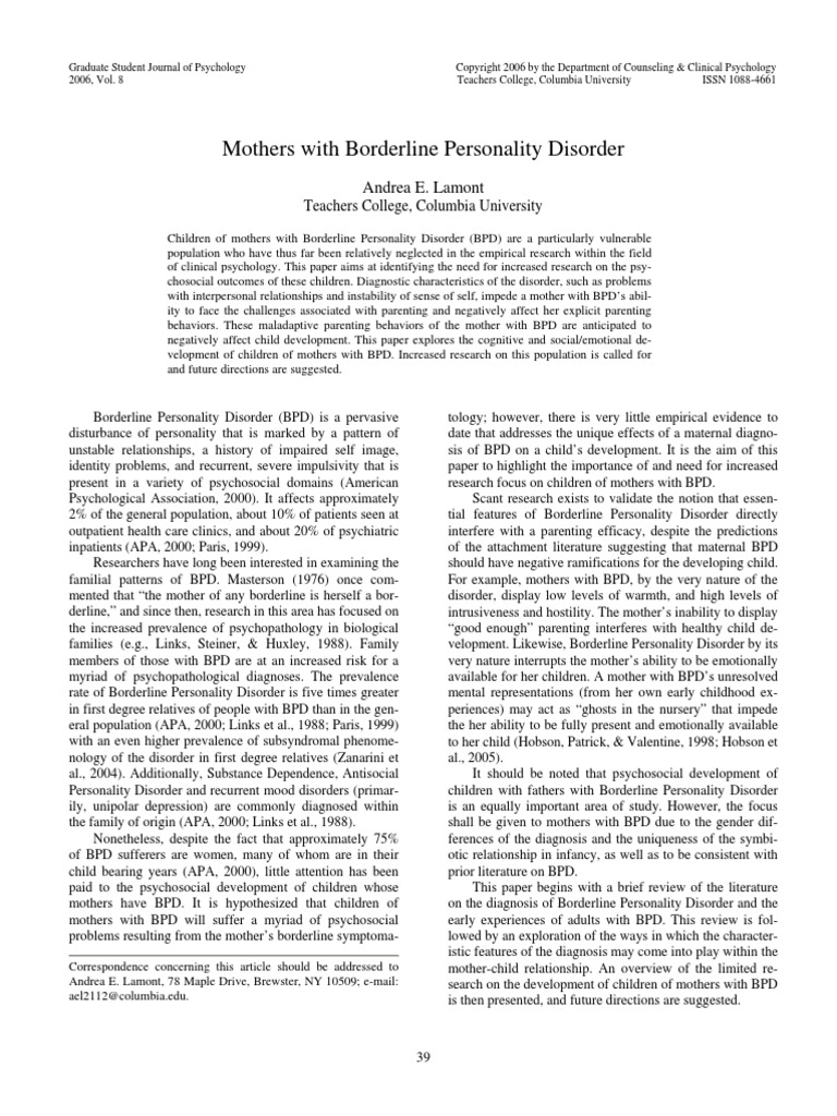 Children of Mothers With Borderline Personality Disorder (BPD) | PDF ...