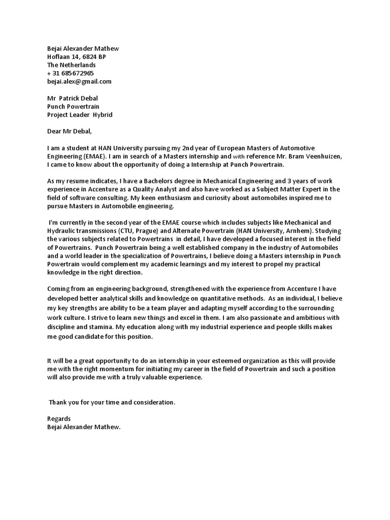 Internship Application at Punch Powertrain | PDF