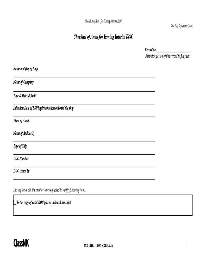Checklist of Audit For Issuing Interim ISSC: Record No | PDF | Security ...