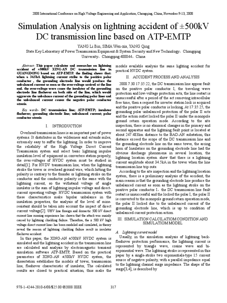 Simulation Analysis On Lightning Accident of 500kV DC Transmission Line Based On ATP-EMTP | PDF ...