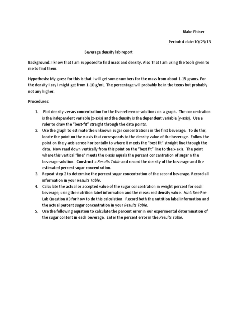 Beverage Density Lab Report | PDF | Density | Cartesian Coordinate System