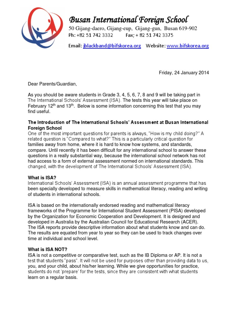 Isa Parent Letter | PDF | Educational Assessment | Literacy