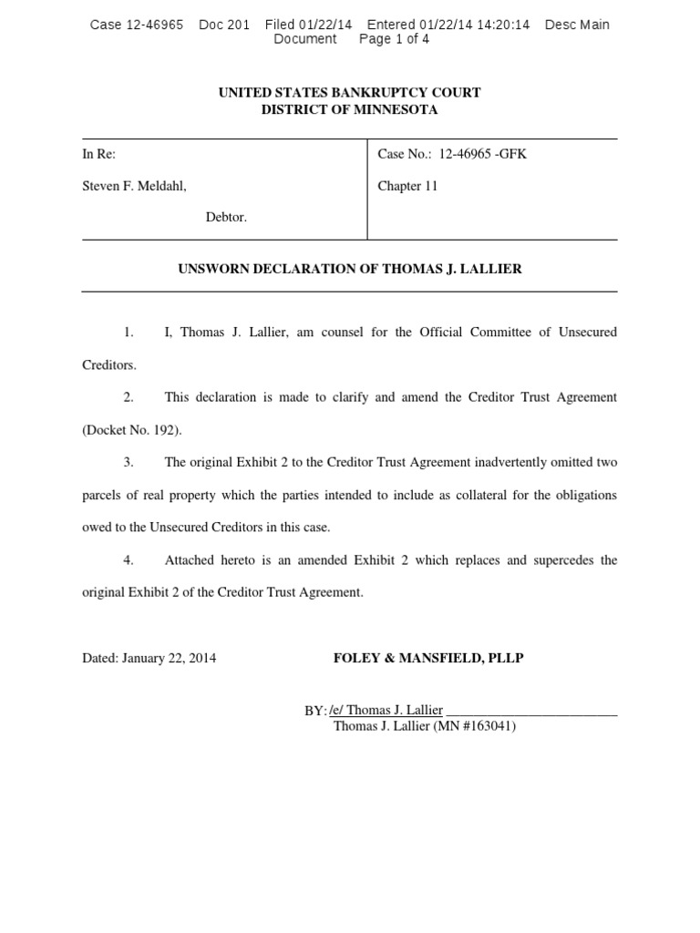 Steven Meldahl Thomas J Lallier Declaration | PDF | Creditor ...