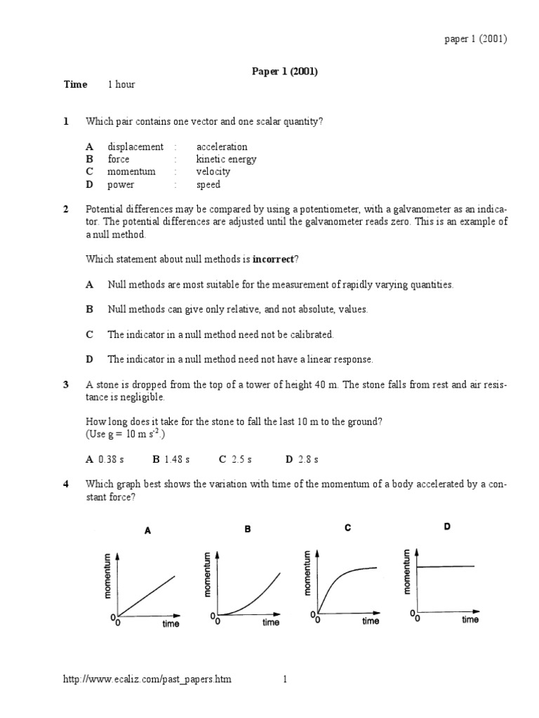 2001 A/L Physics Past Paper MCQs | PDF | Atomic Nucleus | Nuclear Physics