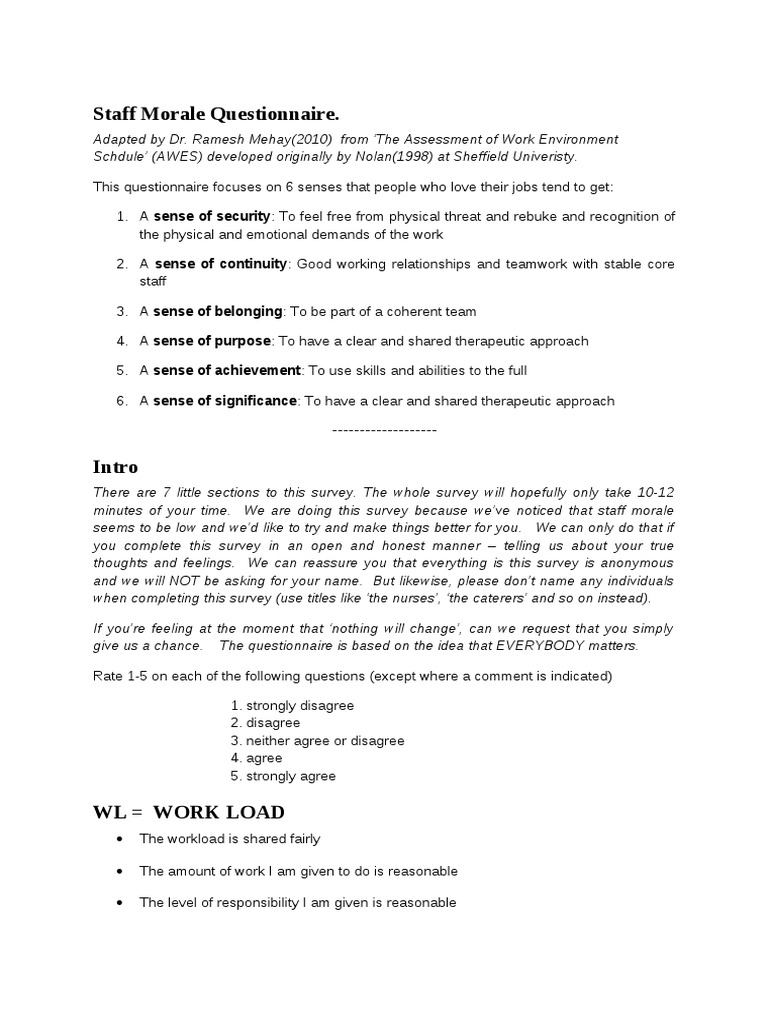 Staff Morale Questionnaire | PDF