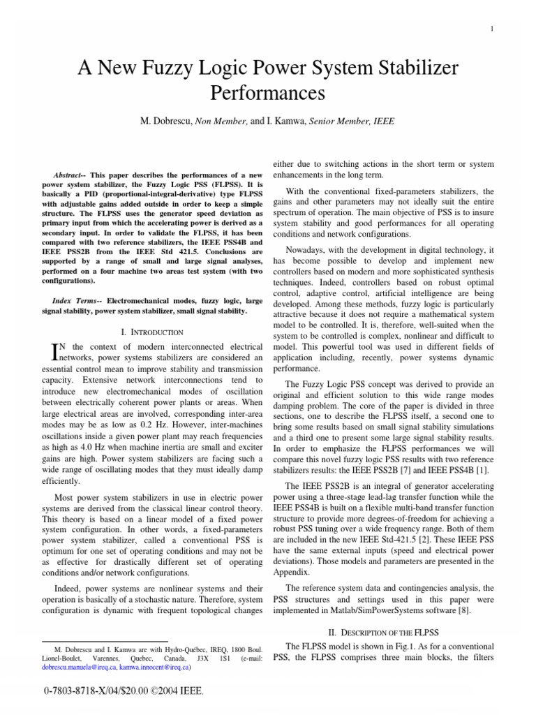 A New Fuzzy Logic Power System Stabilizer | PDF | Control Theory ...